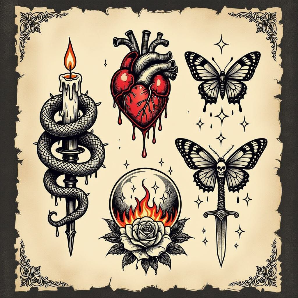 Gothic Tattoo Flash Sheet with Snake, Heart, and M... - AI Art