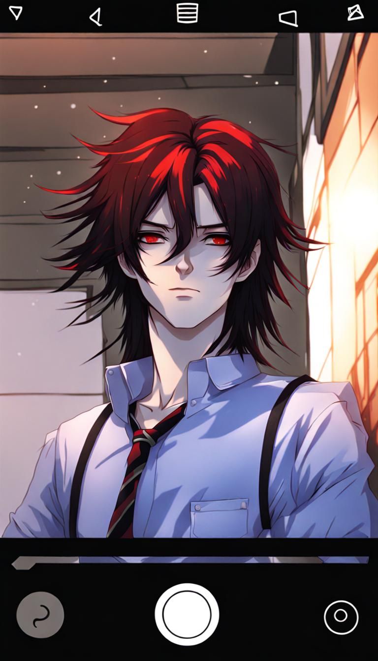 anime male, pale skin. black hair with red hair strains, fluffy Asian ...