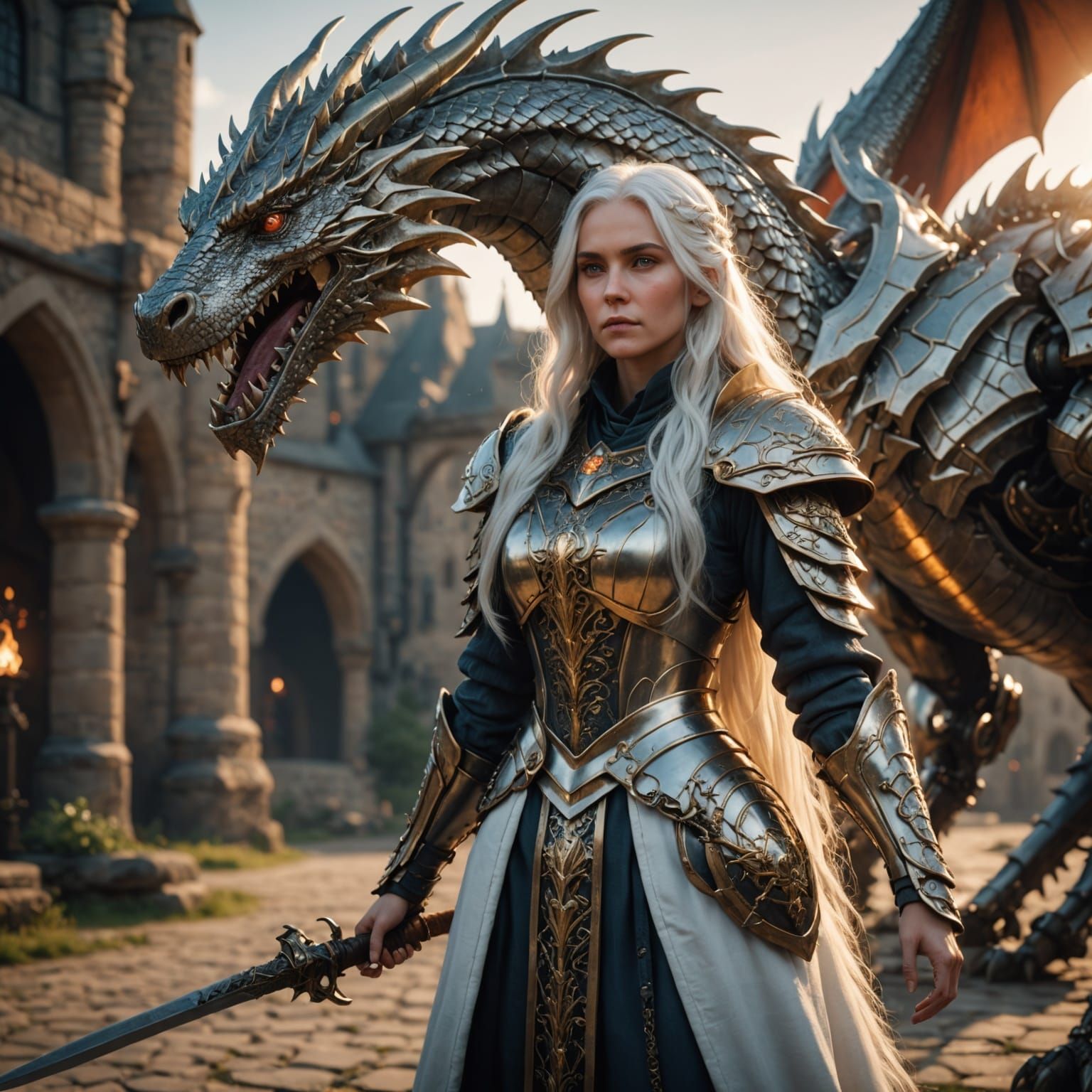 Medieval Female warrior with cyborg dragon and armor