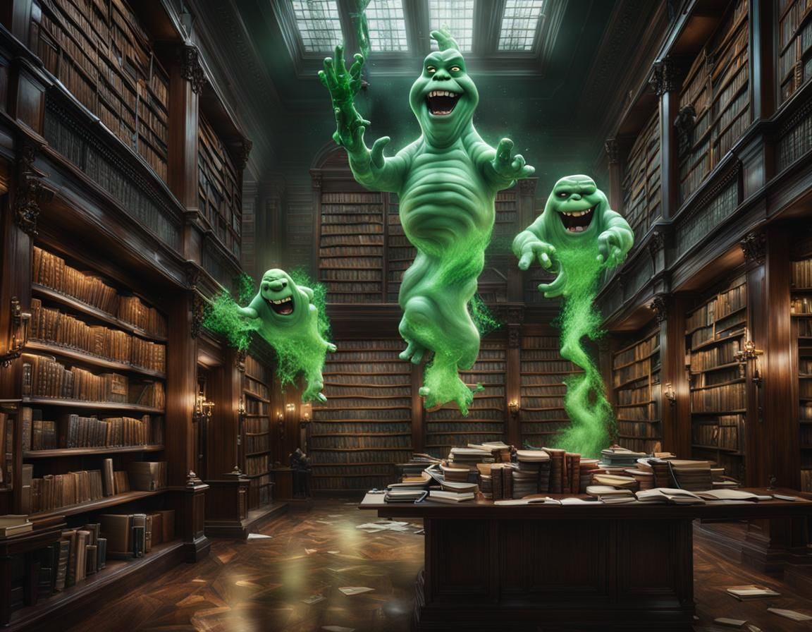 Ghostbusters in a library with books Stacked up with slime dripping off ...