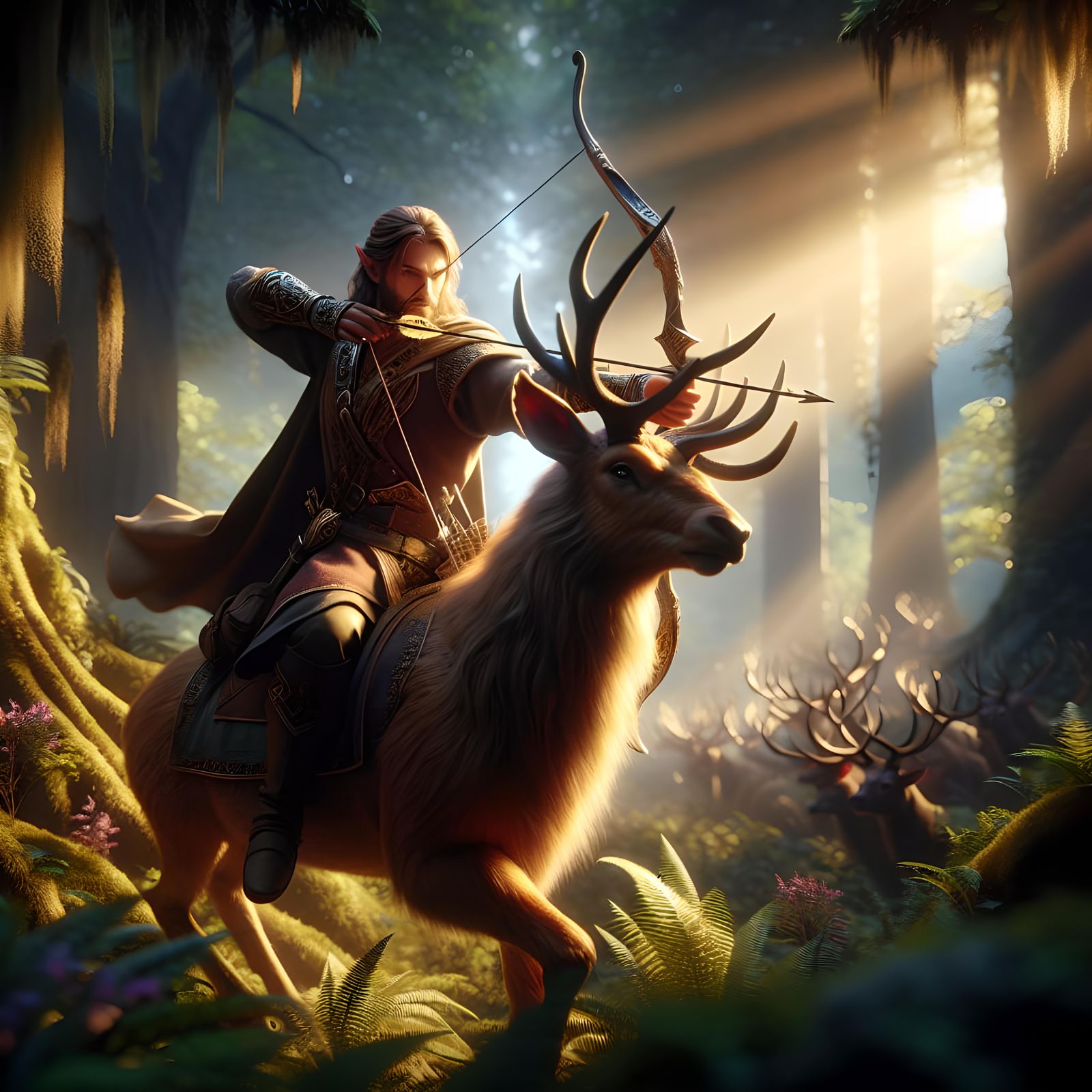Elf ranger hunting on an elk - AI Generated Artwork - NightCafe Creator