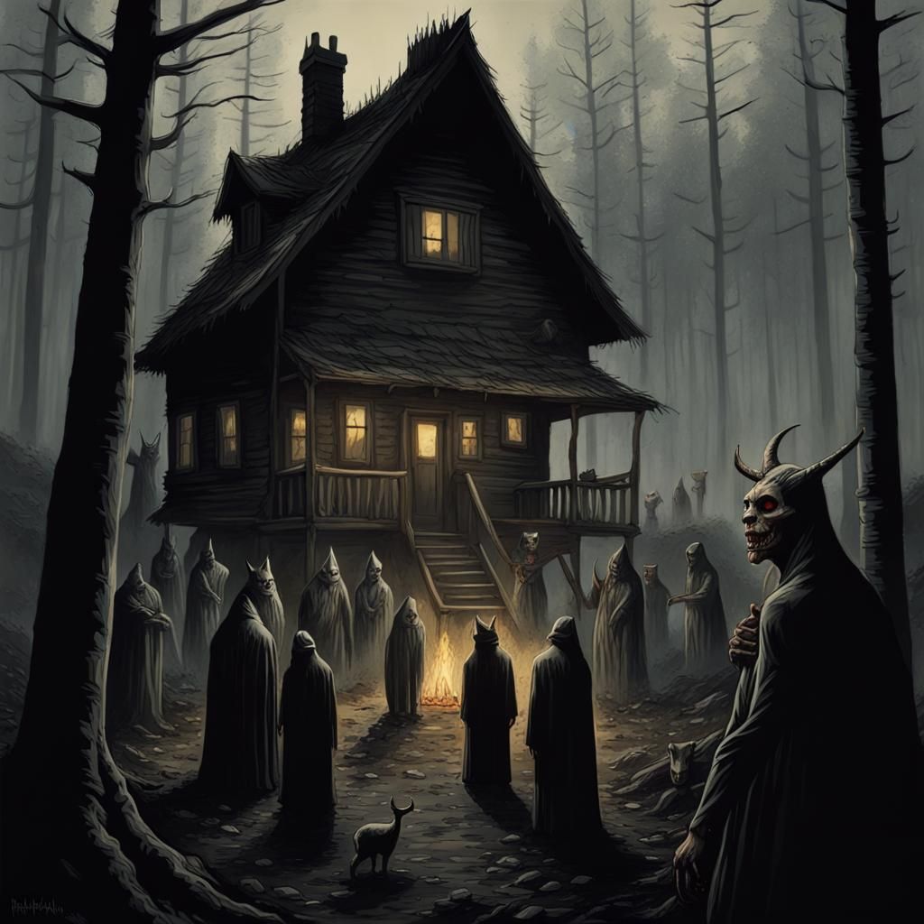 Evil forest creatures among A human ritual in a dark forest with a ...