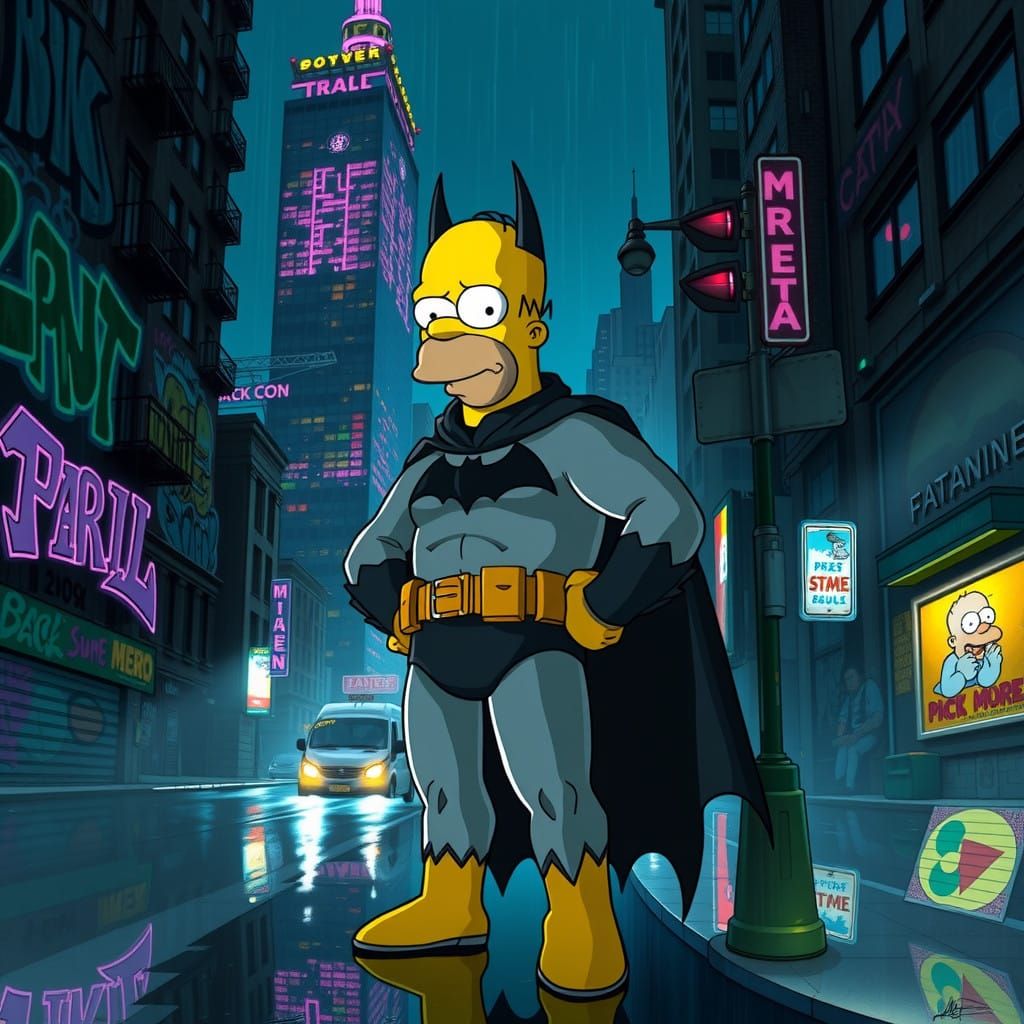 Homer Simpson as a gritty, dark knight version of Batman, wearing a ...
