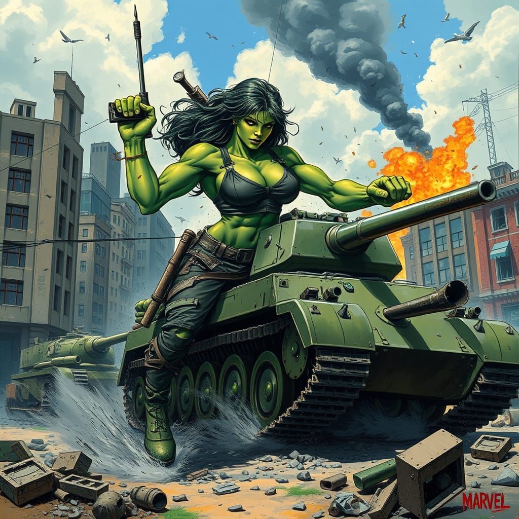 Fierce Female Hulk Smashes War-Torn City - AI Art