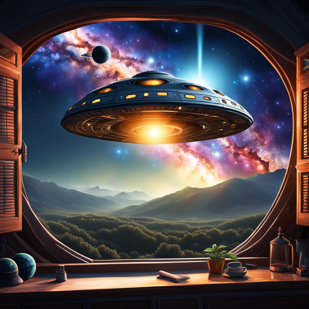 Galaxy forming life emerging UFO glides by with alien waving out the ...