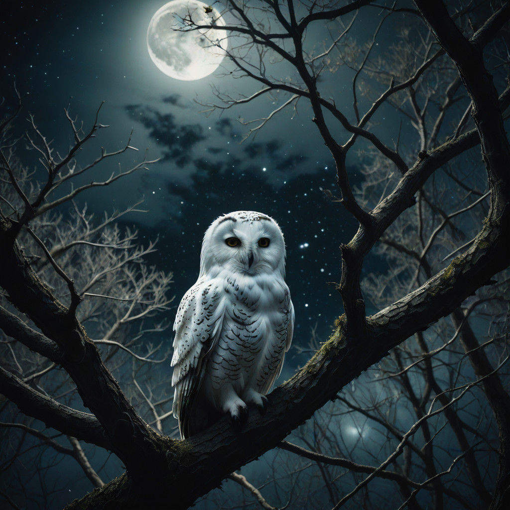 Moonlight White Owl - Moonlit Astral Owl in Cosmic Splendor