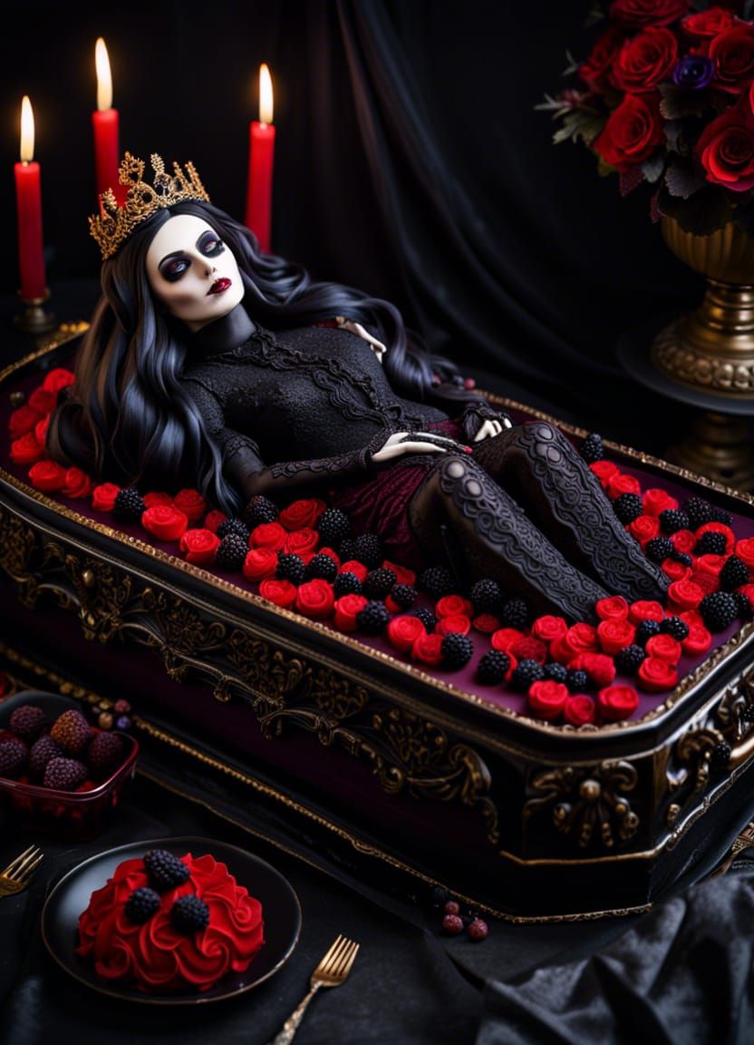 goth cake;dead Goth Queen in full frosting makeup lies in open coffin ...