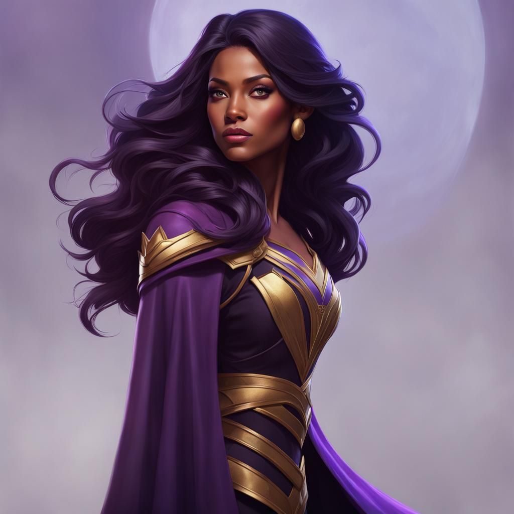 afircan brown skin, dark purple hair, cloak, disney princess, head and ...