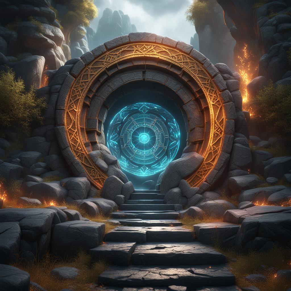 Ominous rift portal made of cut stone lined with shiny bronze metals ...