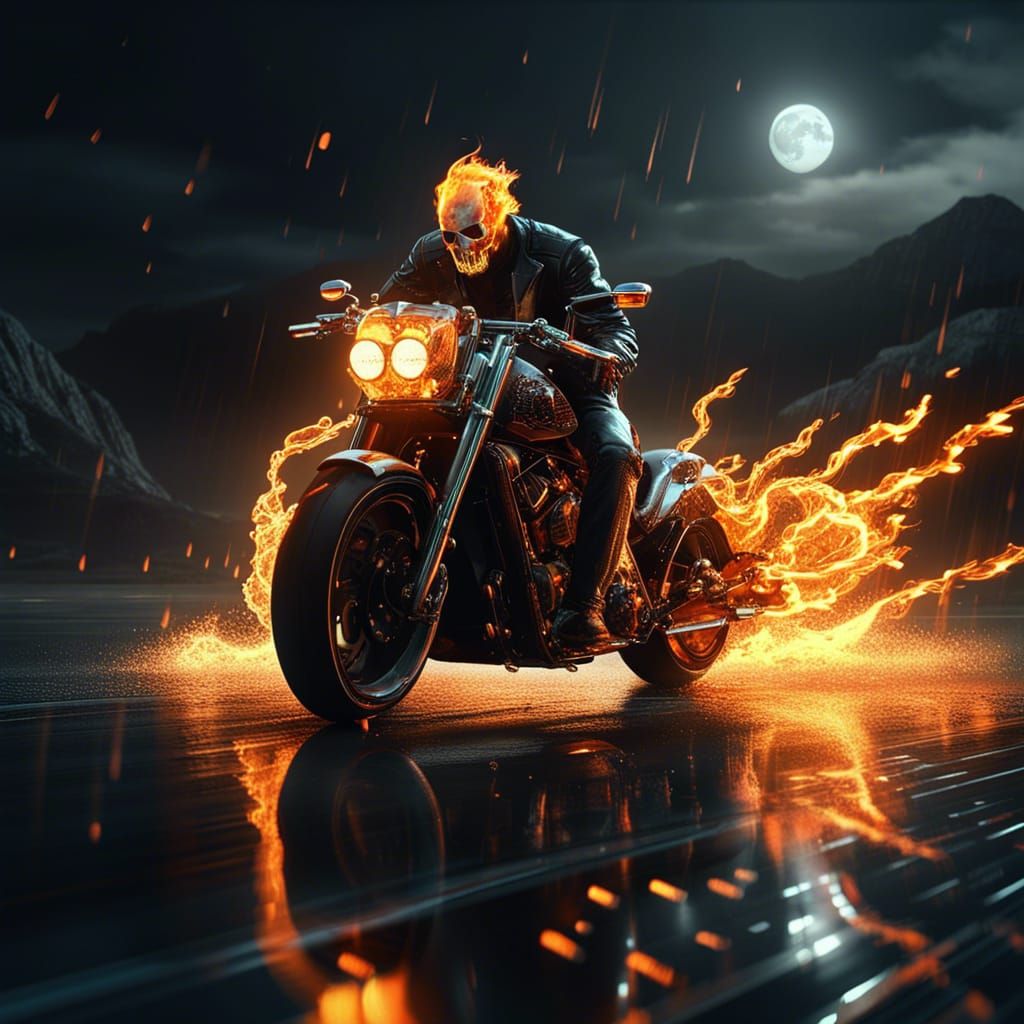 Keanu Reeves as ghost rider riding a flaming motorcycle in the rain on ...