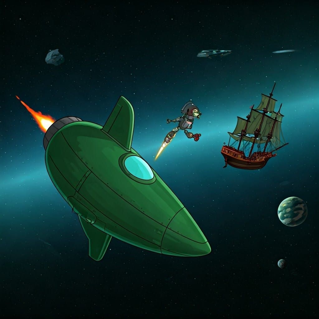 the Planet Express ship, Robot Pirate Ship, and Bender, Futurama