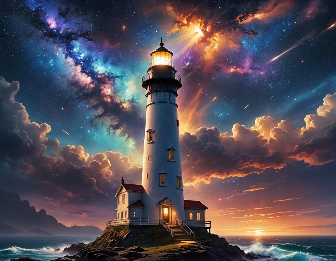 lighthouse: timeless: scenic: indigo: nebula glowing: sparkling - AI ...