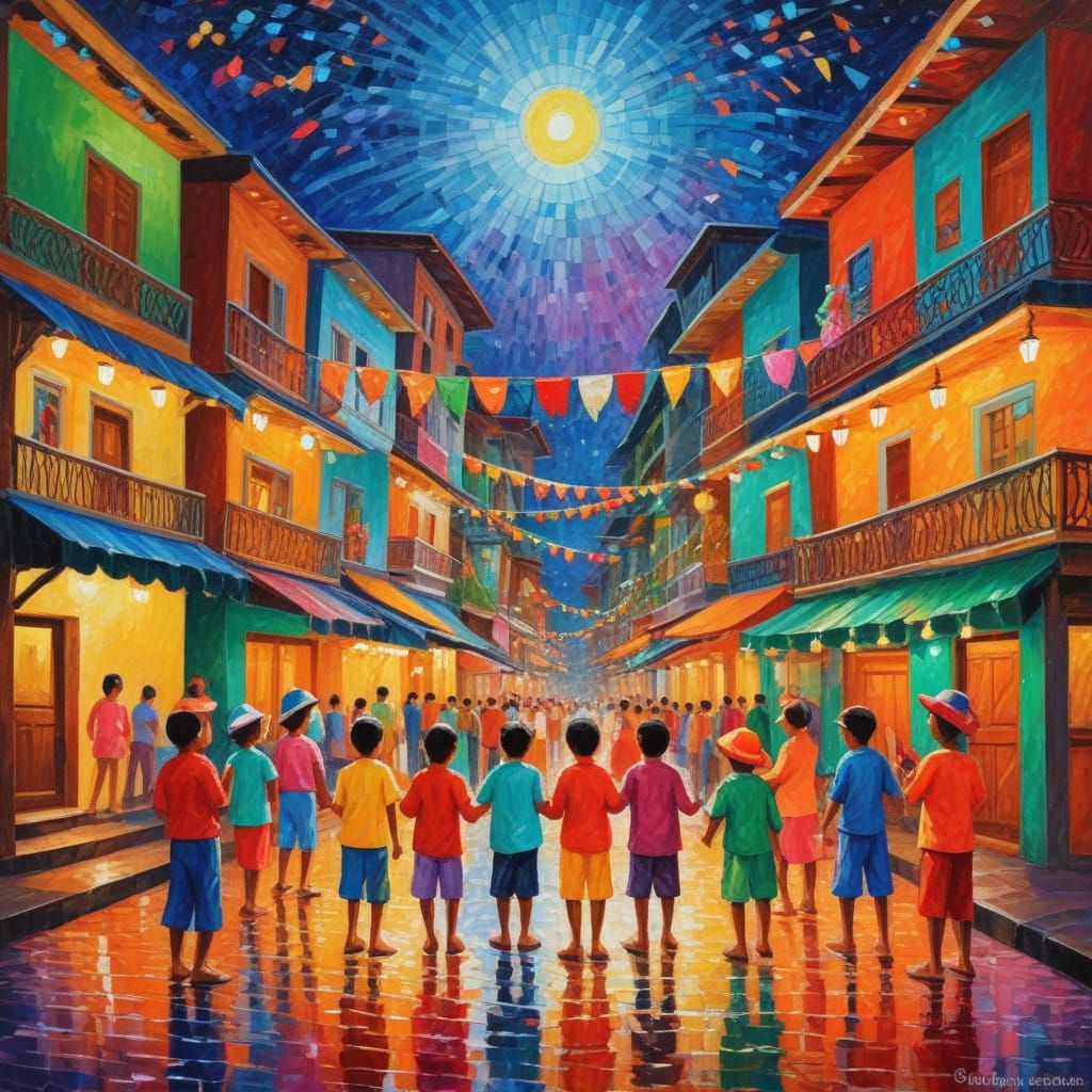 Filipino children joyfully singing Christmas carols in the street