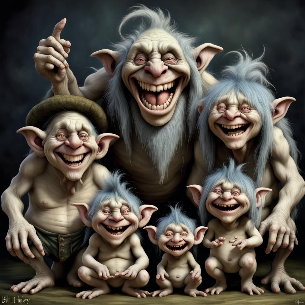 Ugly troll family portrait, laughing, cute, funny, anime, hyperrealism ...