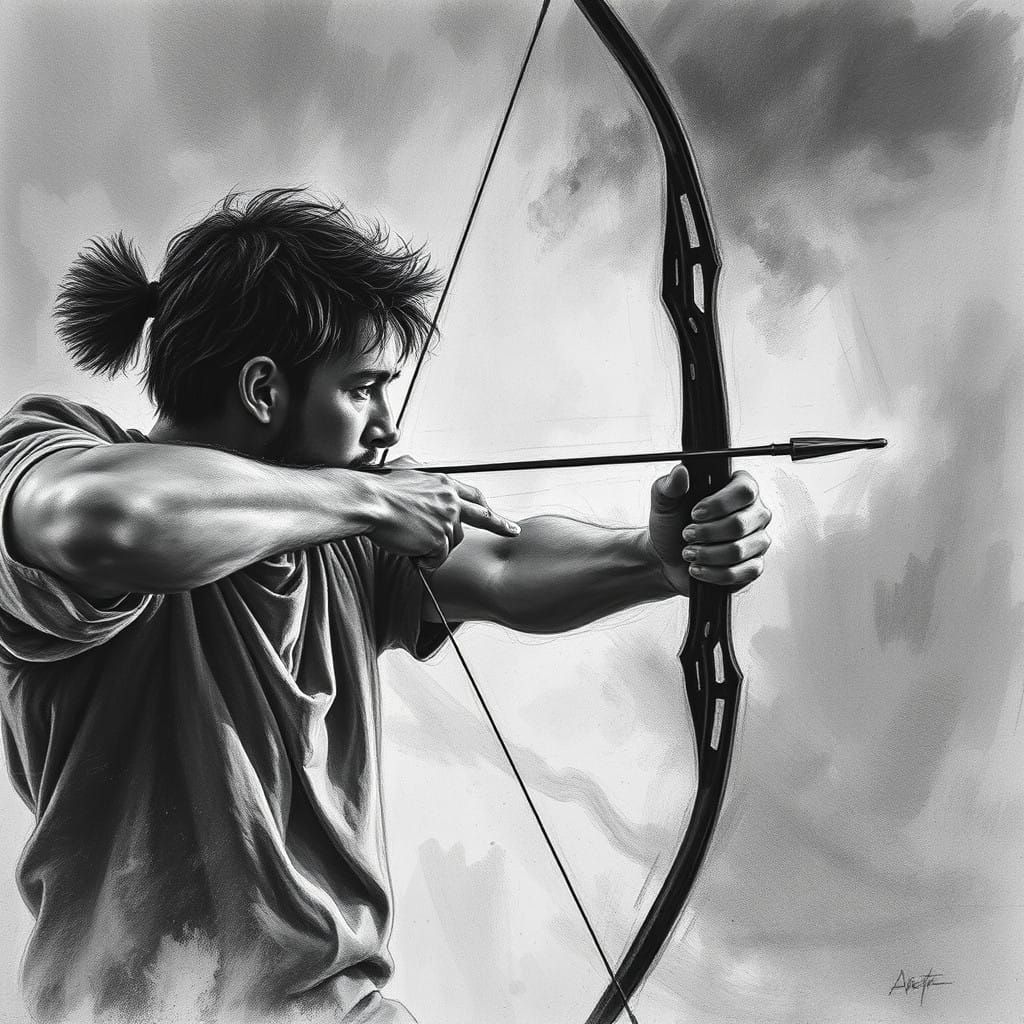 Victorious Archer in Charcoal Drawing - AI Art