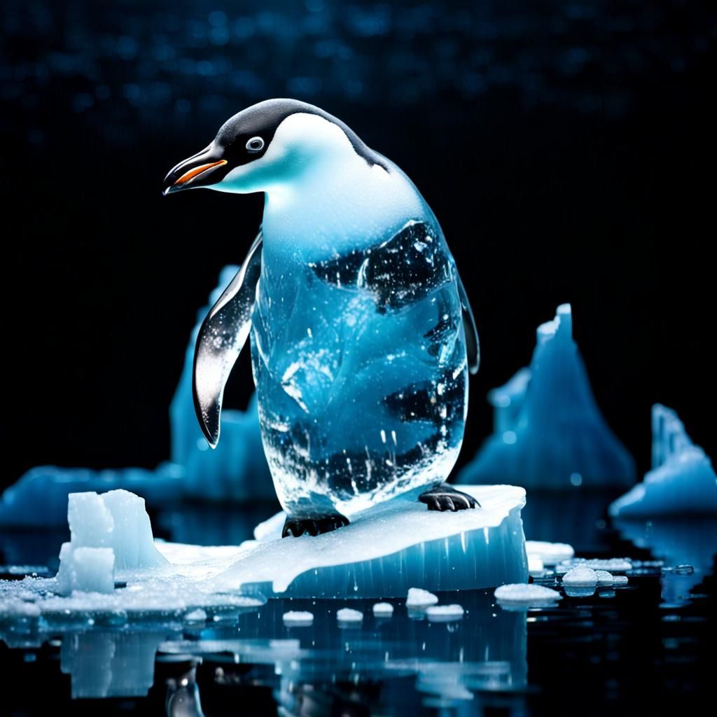 Hyperreal ice sculpture of a penguin, standing on a floating iceberg ...
