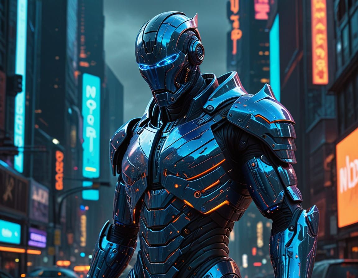 Cyber Knight in Neon Armor, Illuminated by Biolumi... - AI Art