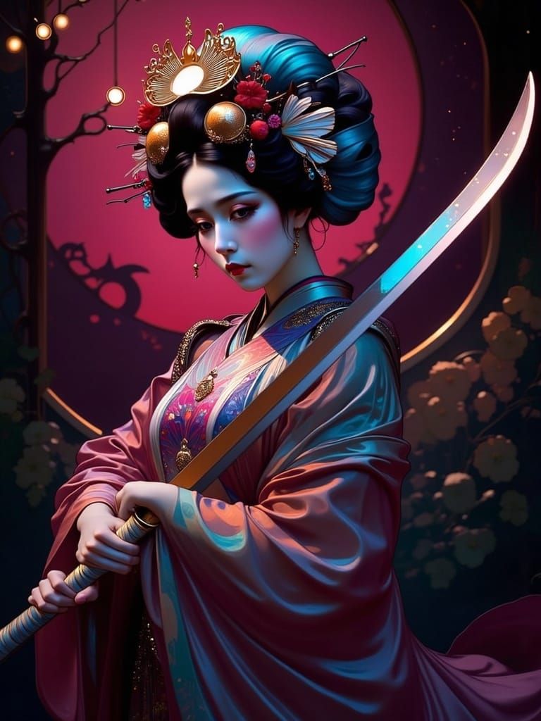 Surreal Art Nouveau Samurai Warrior Goddess Emerge... - AI Art