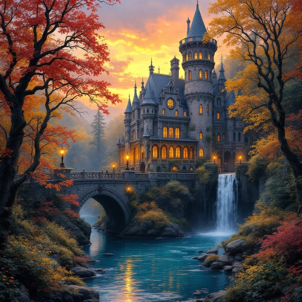 Hyper-realistic gorgeous falls big old gothic ornate castle with a ...