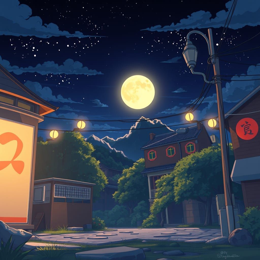 Japanese Nighttime In Town Square - Anime Masterpiece in Vib...