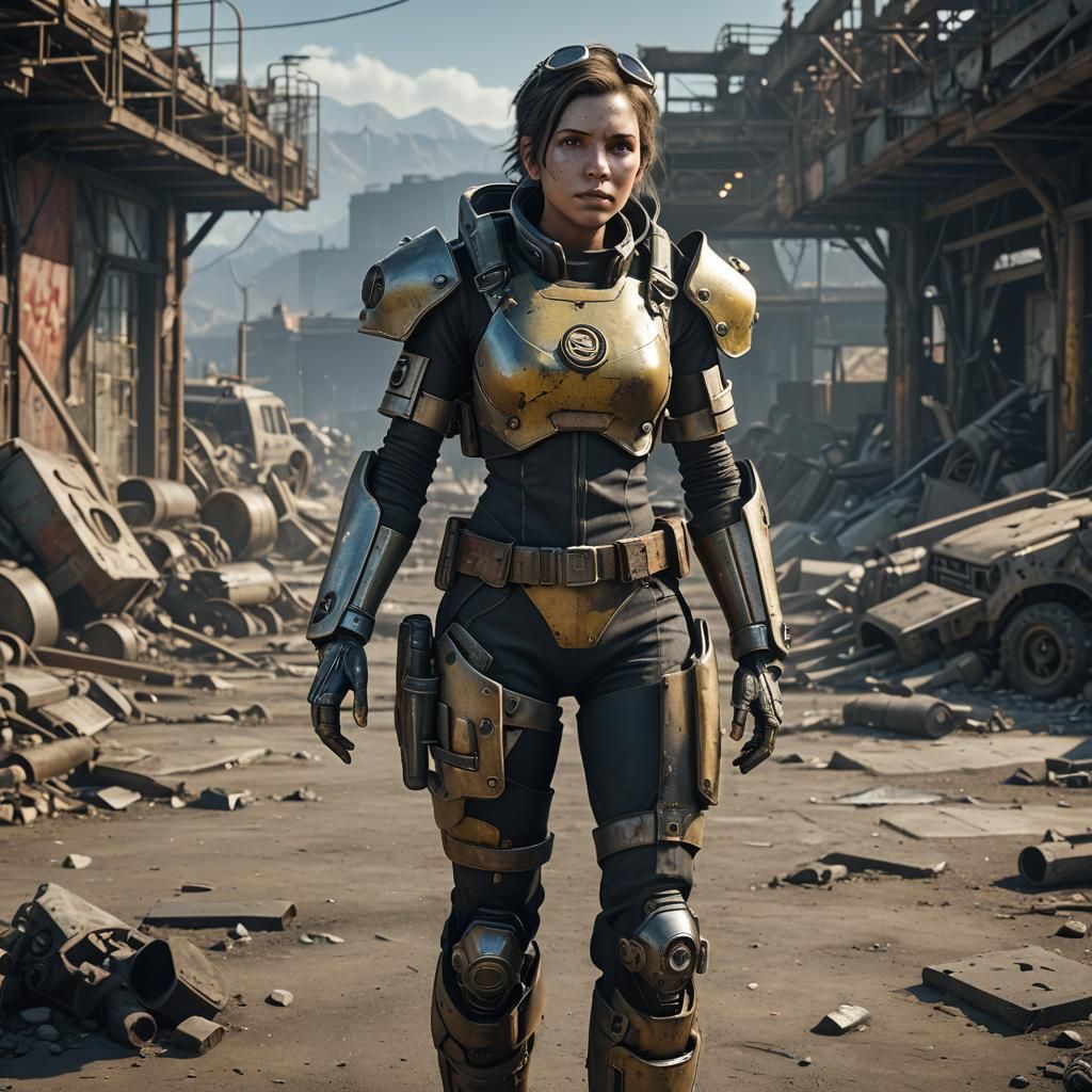 female dressed in fallout suit, apocalyptic bacground, (((full body ...