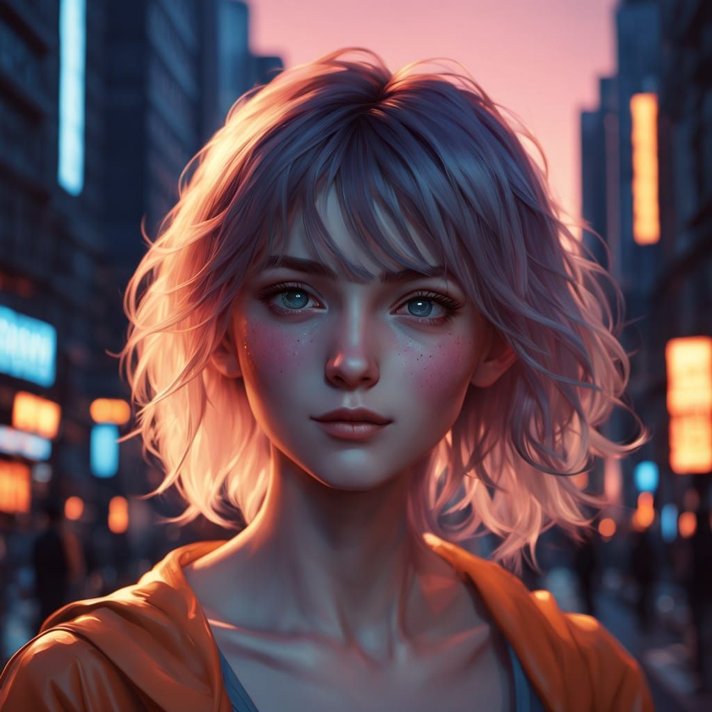 Hyper-Realistic Anime Portrait in Urban Sunset - AI Art