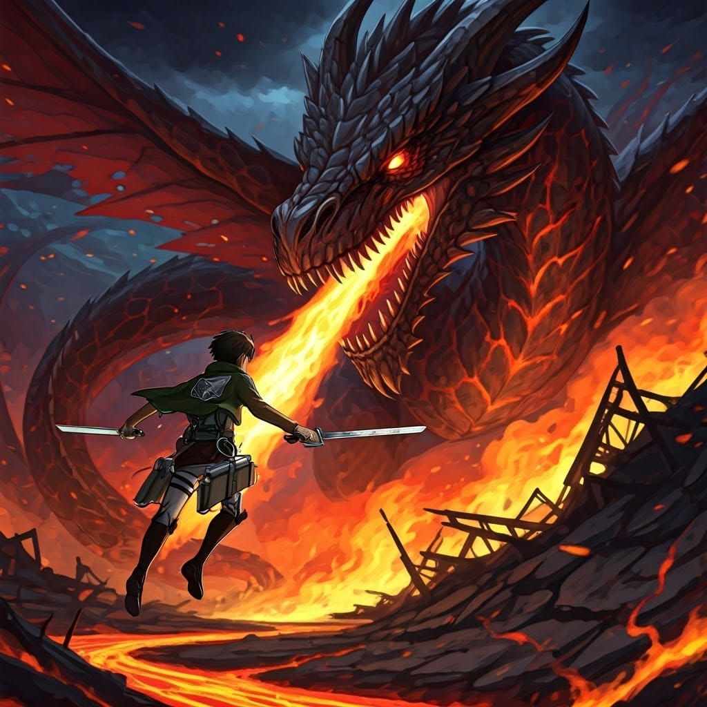 Eren Yeager Battles Inferno Dragon in Epic Fantasy... - AI Art