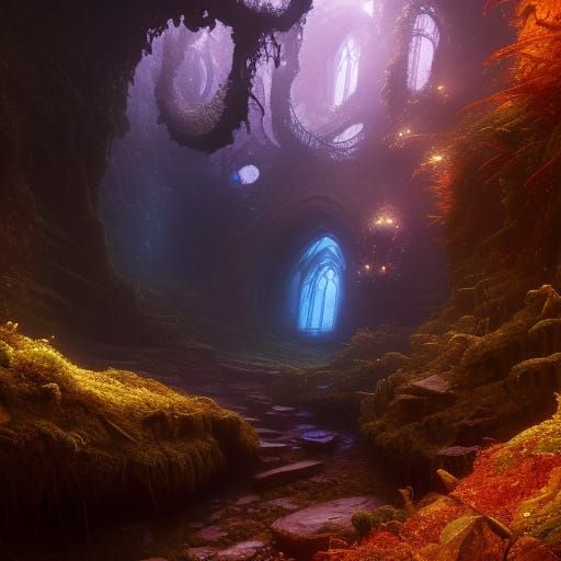 underground cave city, copper sidhe cavern civilization, blue fae ...