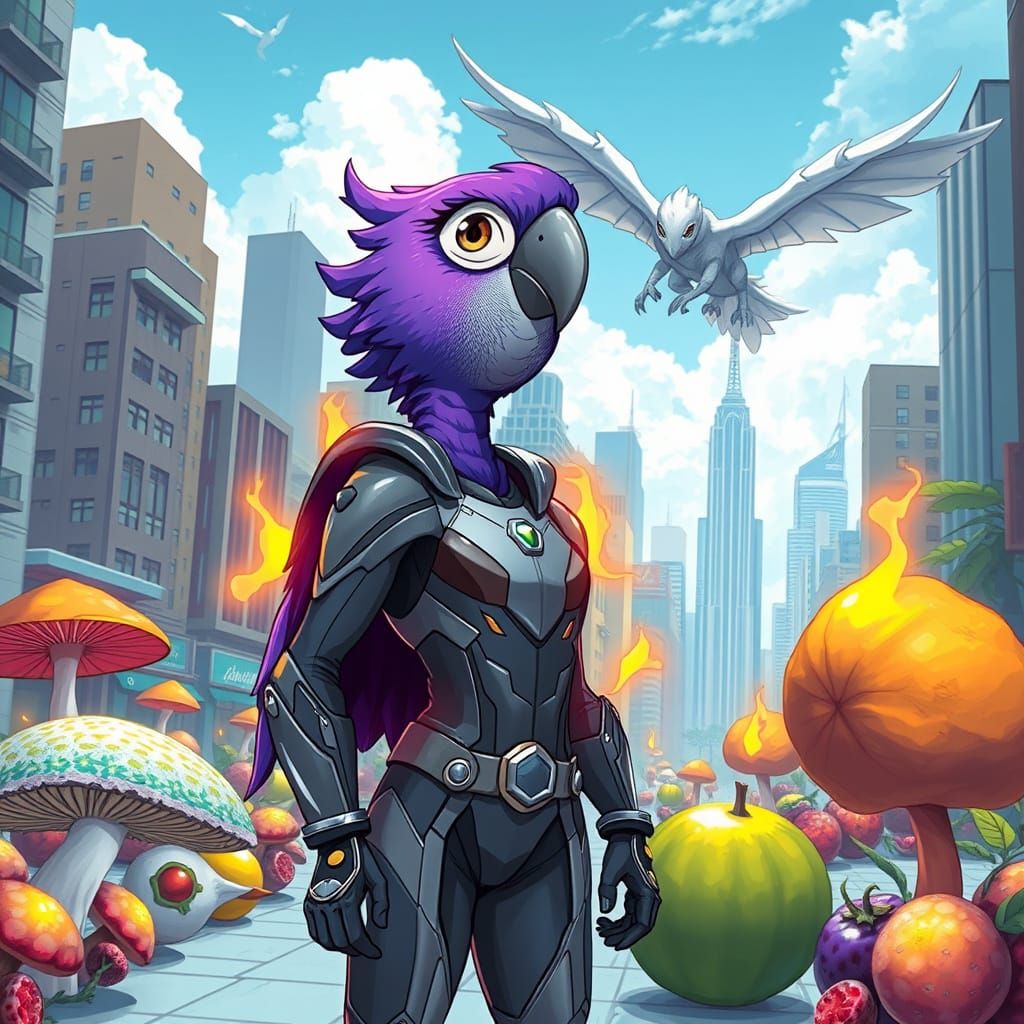 Violet Parrot Superhero Dominates City Square with... - AI Art