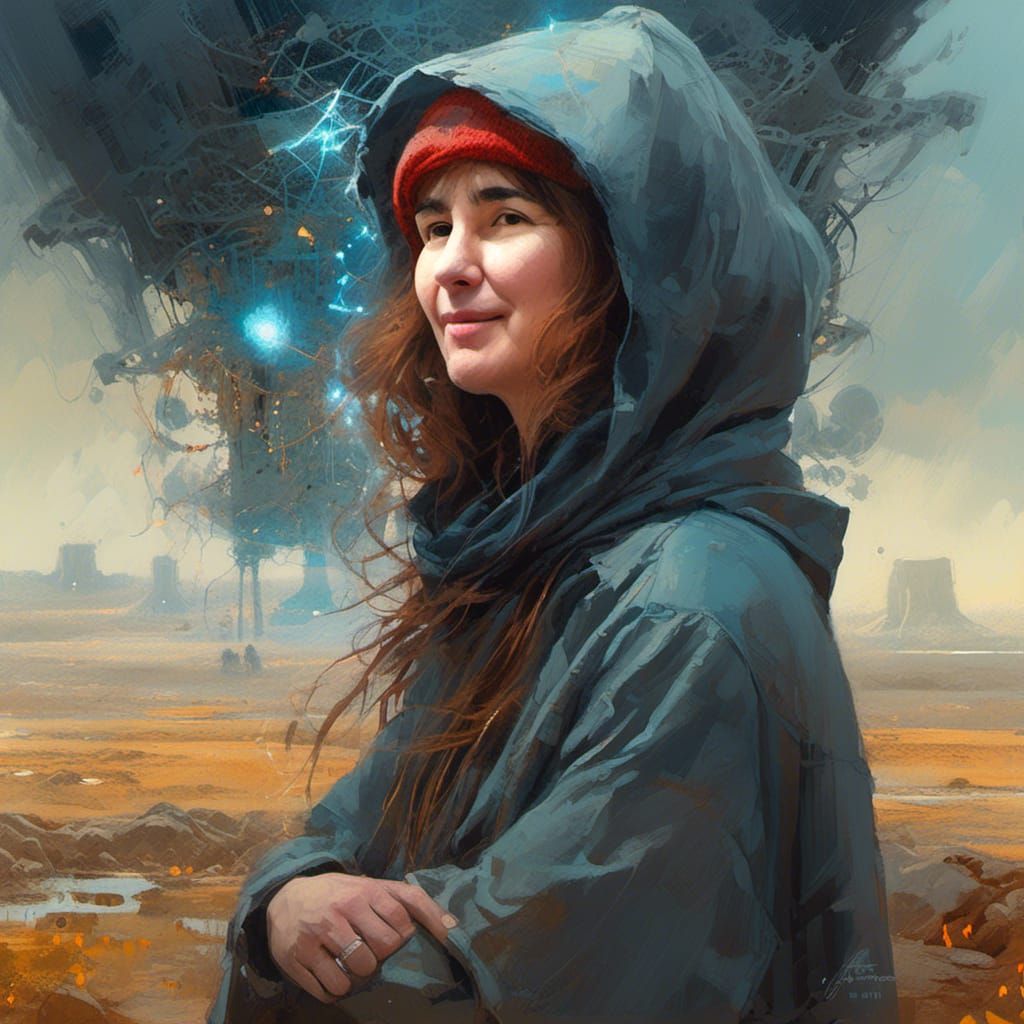 Beautiful female wizard in a hooded cloak in foreground, her face ...