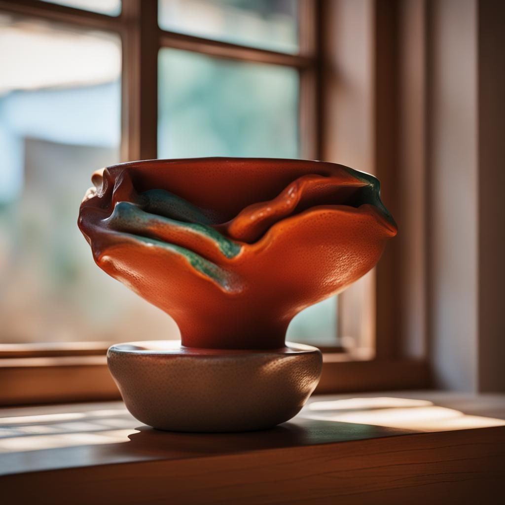 asymmetric clay bowl by George Ohr, on a table by a window. - AI ...