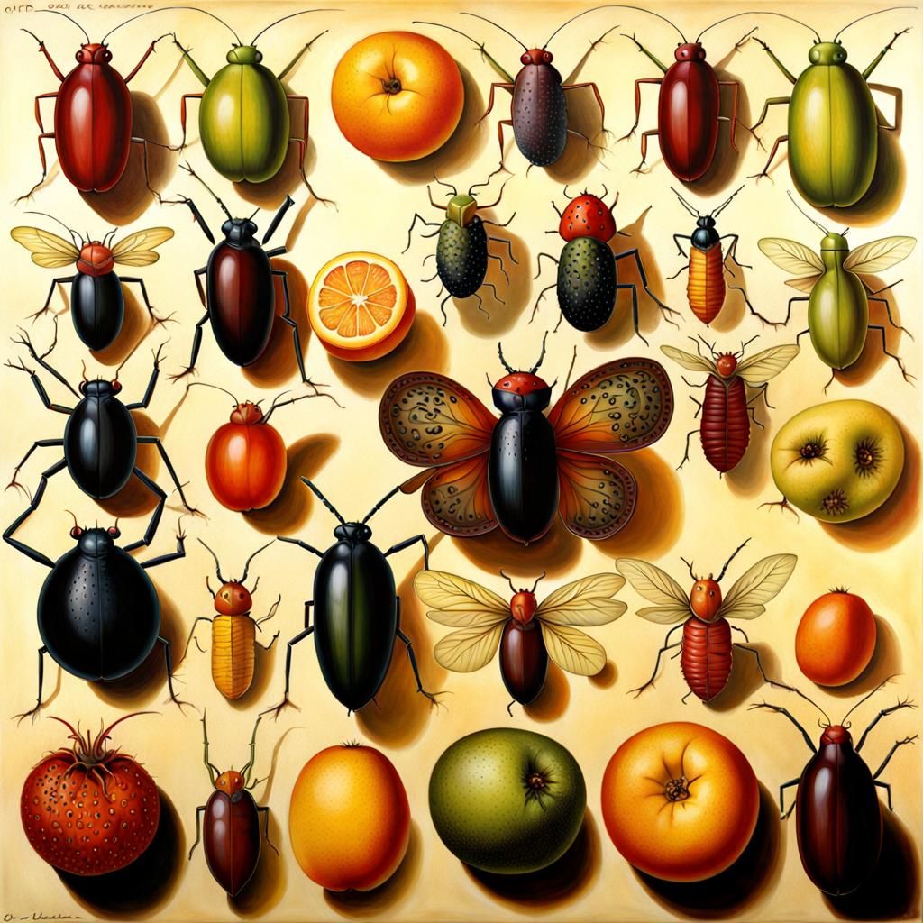 Exotic almost translucent insects on the table, cut in halves, juicy ...