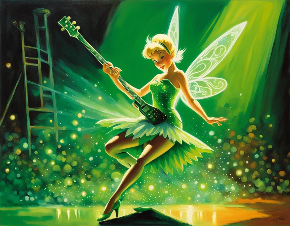 hard-rock look Tinkerbell, playing green electric guitar on stage at ...