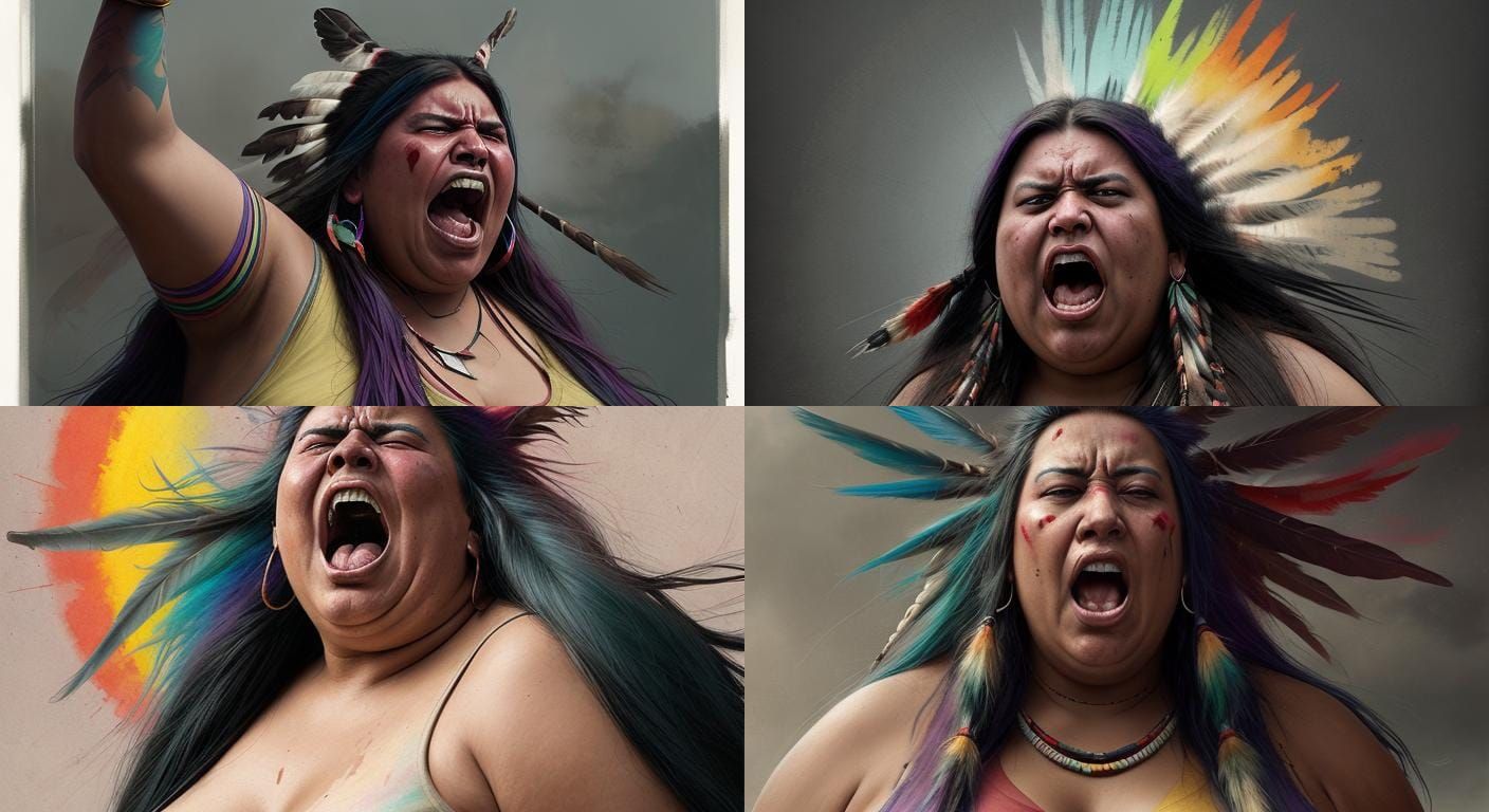 fat Native American woman screaming. She has rainbow hair. - AI ...