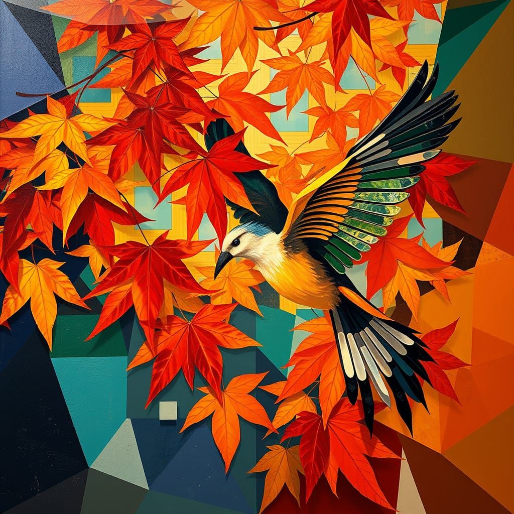Vibrant Cubist Landscape with Maple Leaves and Bir... - AI Art