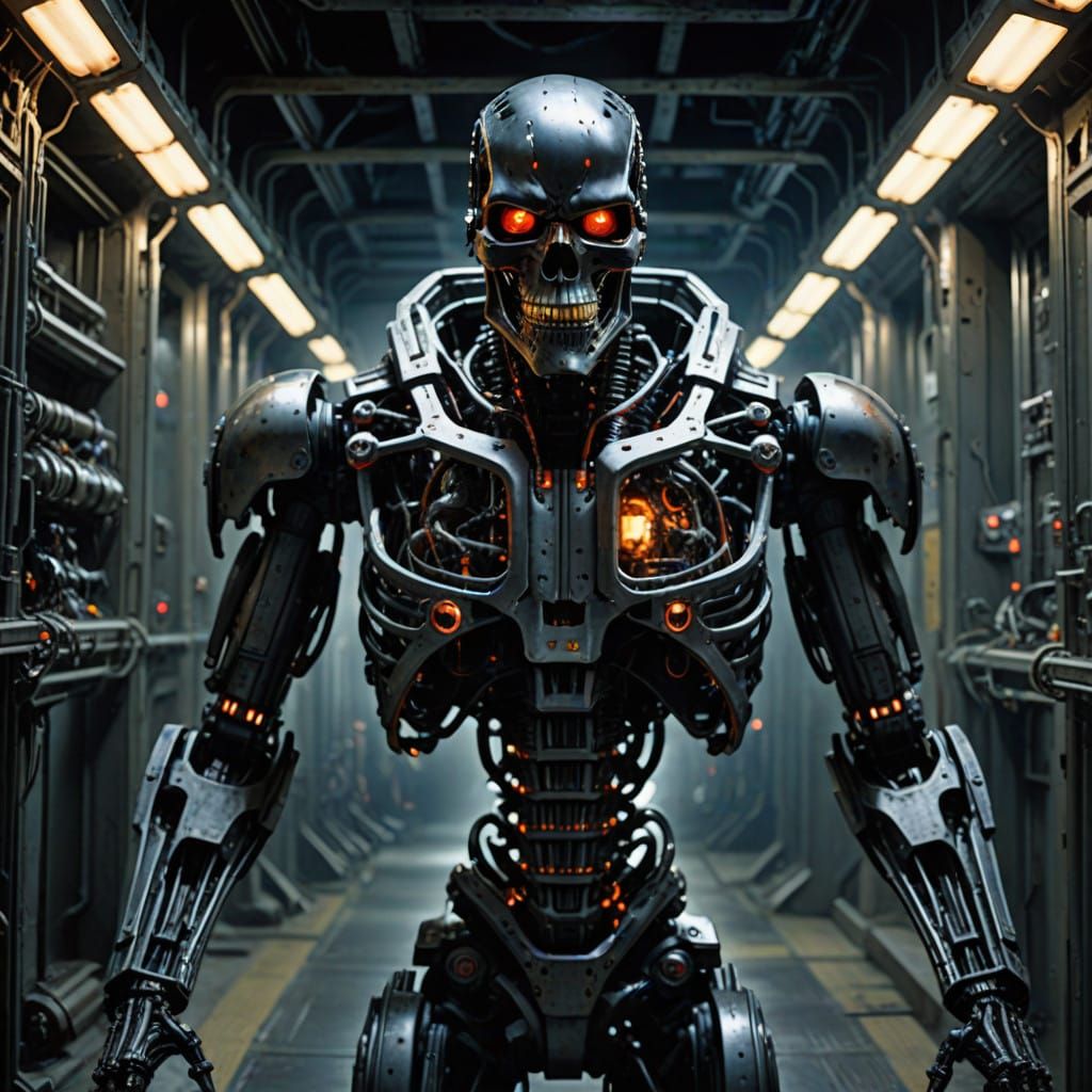 Cybernetic Terminator Strides Through a Blood-Soak... - AI Art