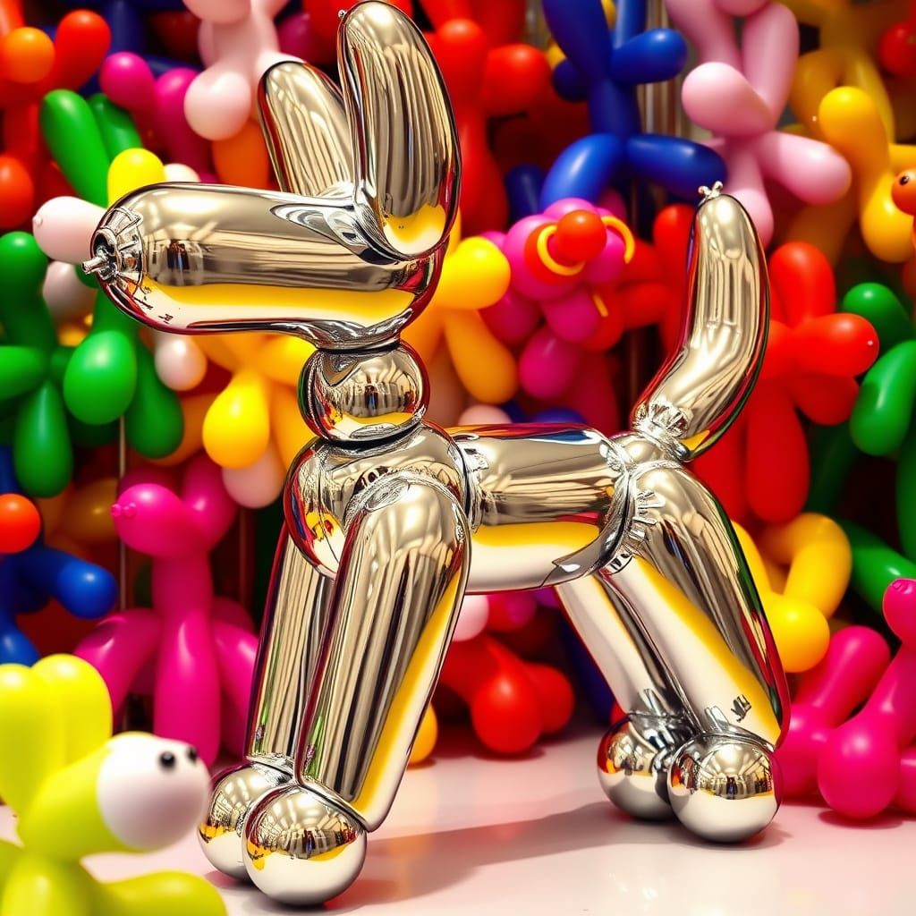Sleek Chrome Balloon Dog Sculpture in Whimsical Po... - AI Art