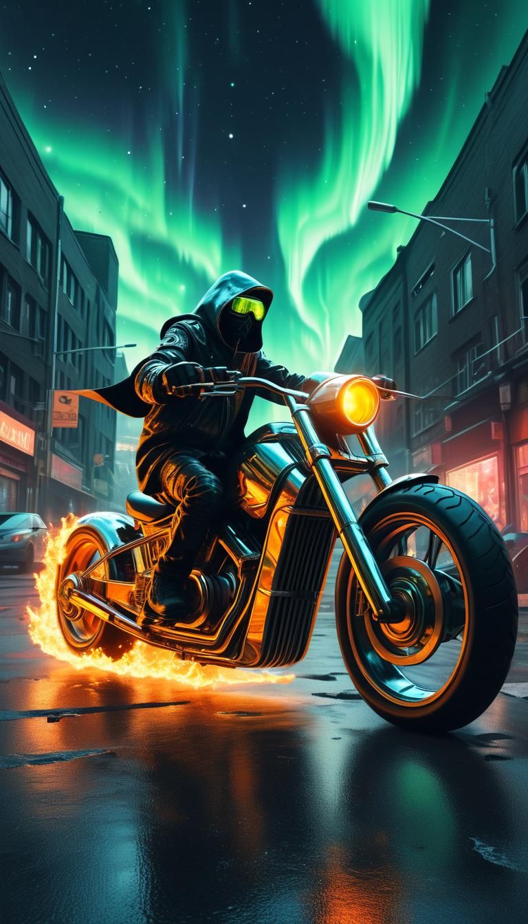 A wizard riding a futuristic motorcycle. J. G. Quintel street art ...