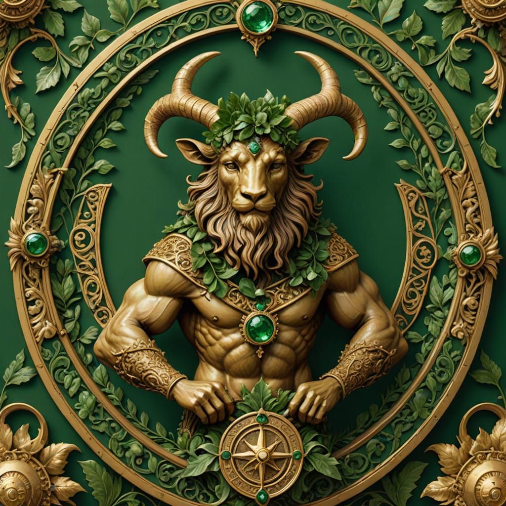 Majestic Satyr in Emerald Field with Golden Compas... - AI Art
