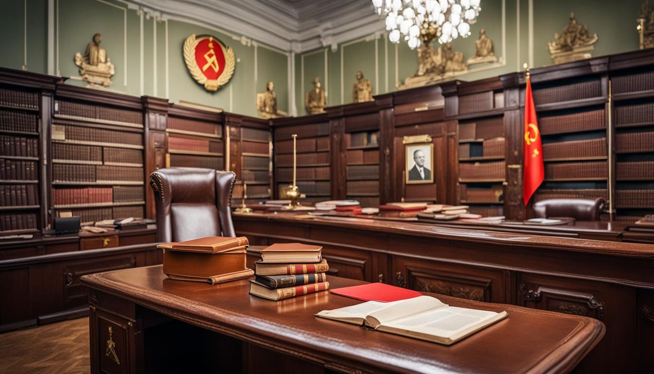 Old communistic office room, USSR style, motto and flag, old desk ...