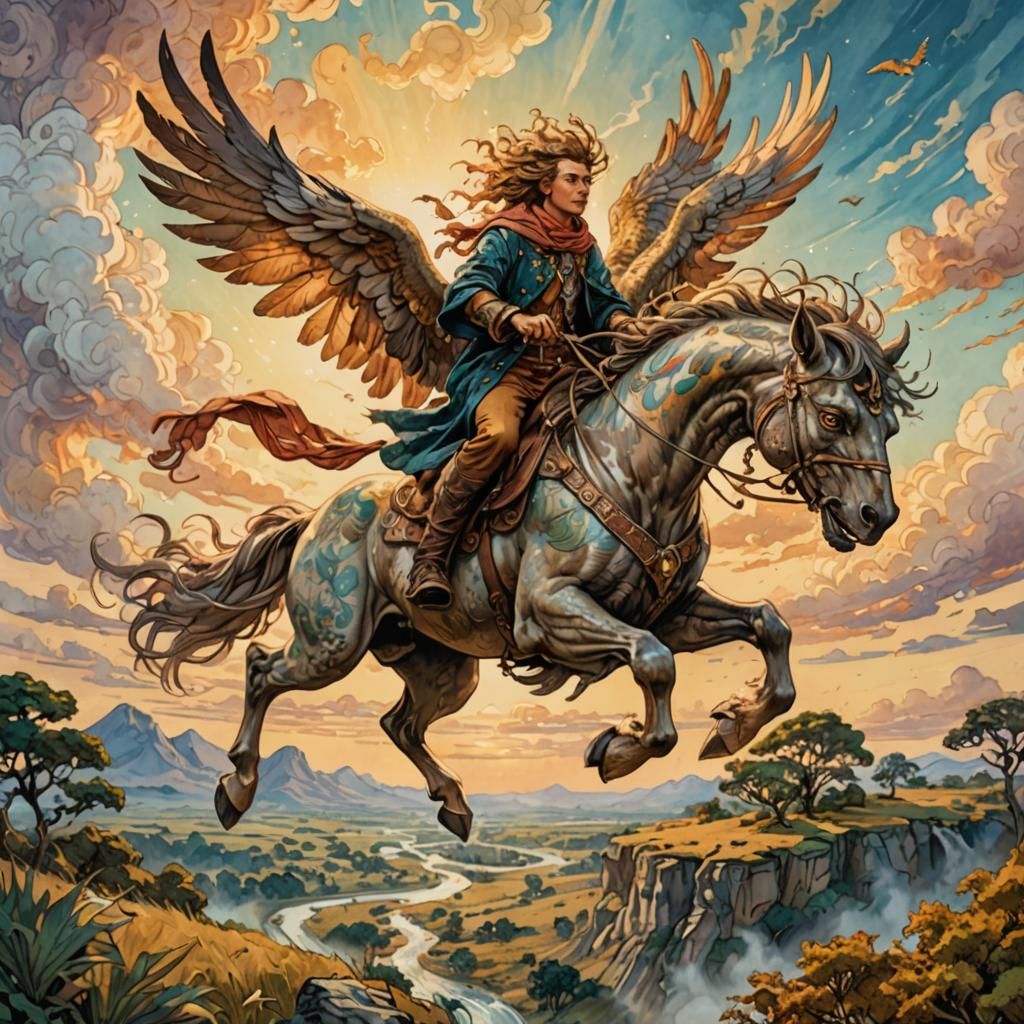Kethel Blonos taming a pegasus - AI Generated Artwork - NightCafe Creator