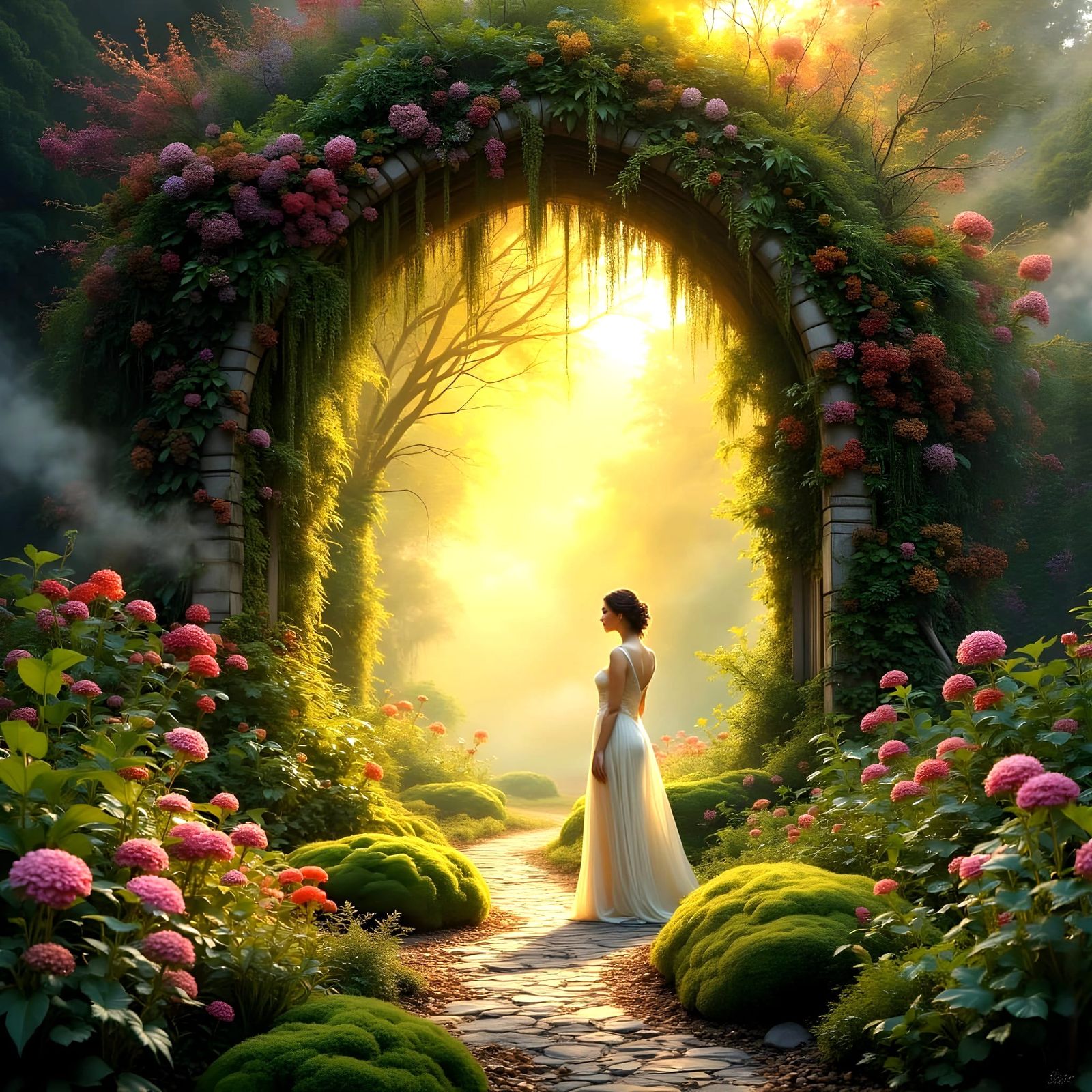 Dreamy Ancient Pathway to Golden Light-Filled Arch... - AI Art