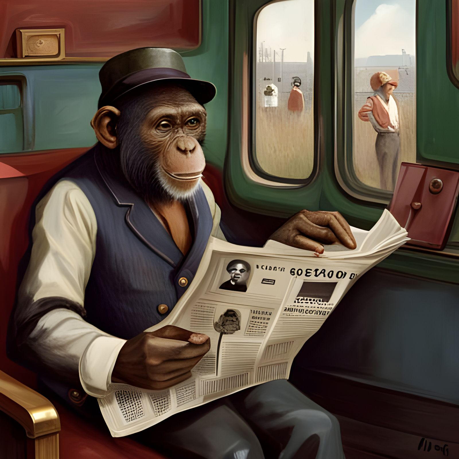 Chimpanzee riding a train 2 - AI Generated Artwork - NightCafe Creator