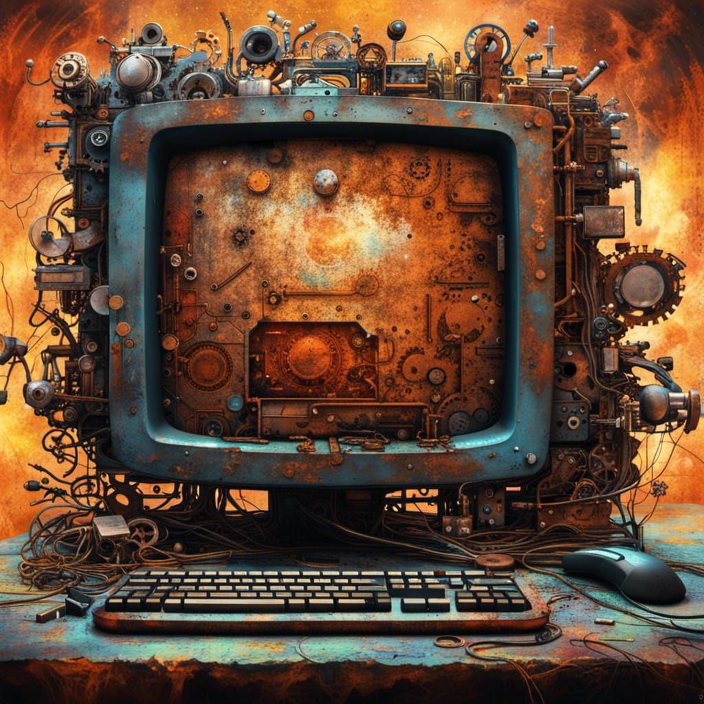 rusty computer with lightened screen in the middle of rusty computer ...