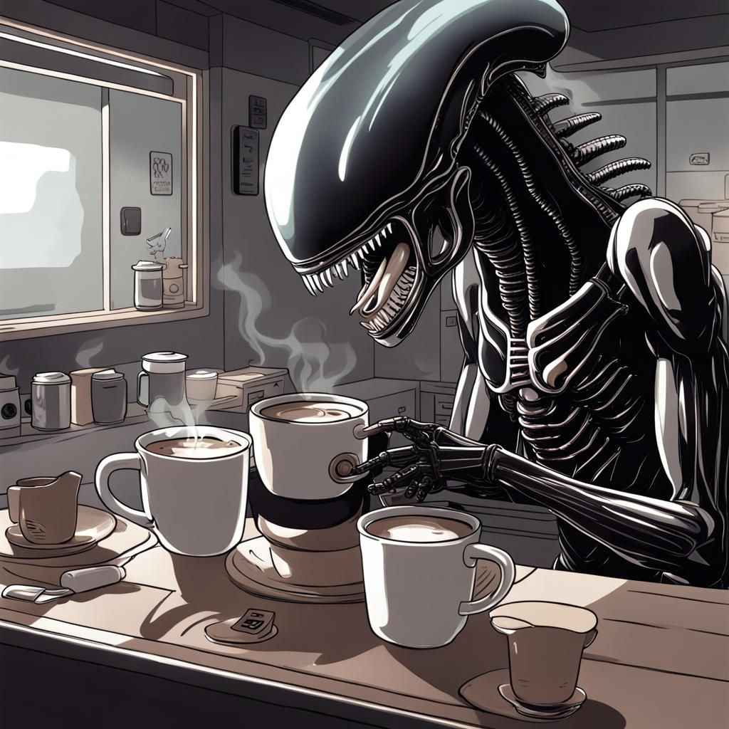Xenomorphs making coffee - AI Generated Artwork - NightCafe Creator