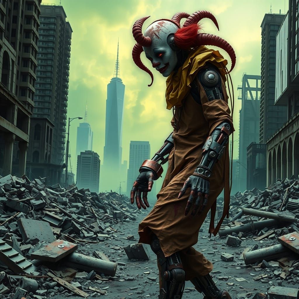 Cybernetic Clown Scavenges Post-Apocalyptic Wastel... - AI Art