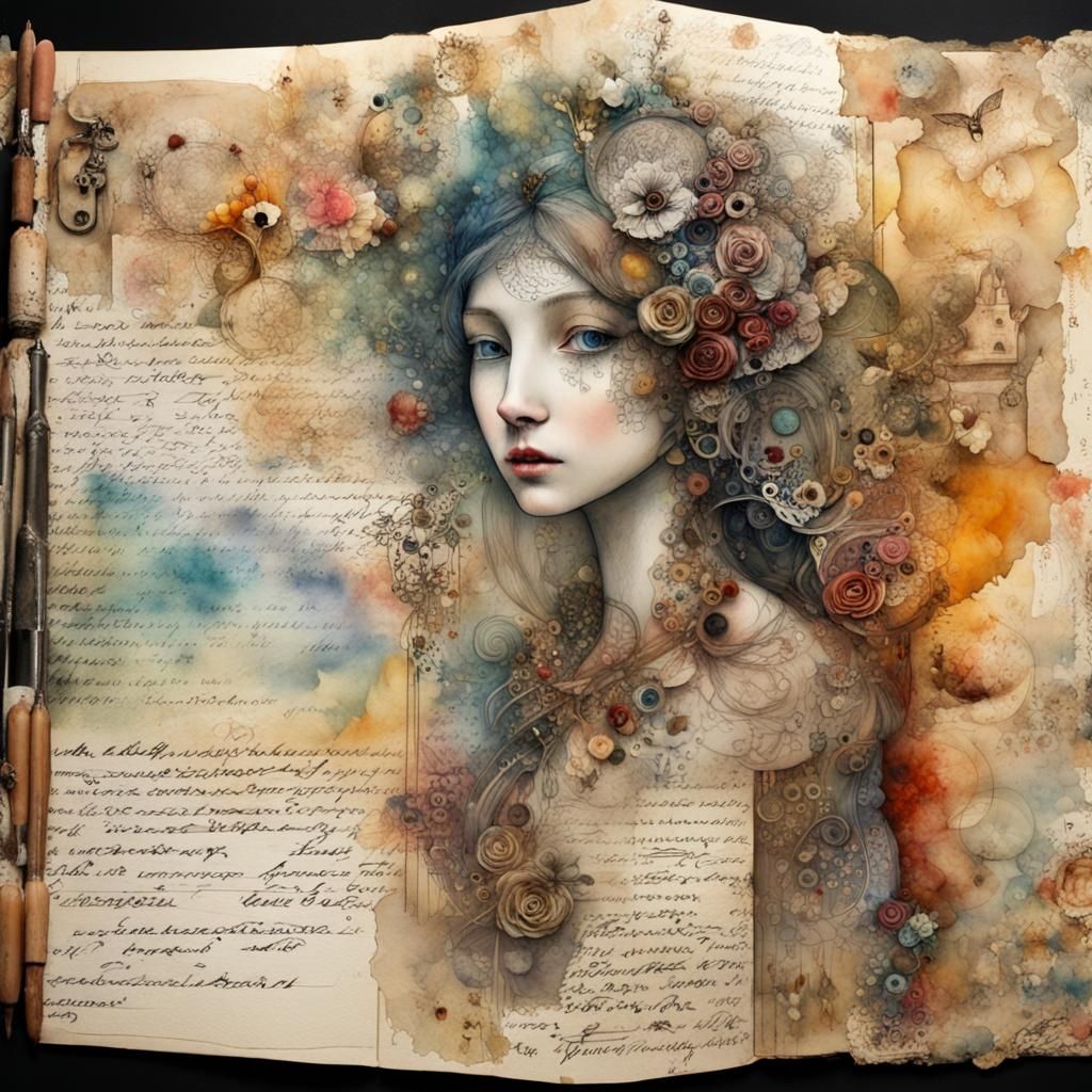 Page of Scrapbooking journal. Mixed media. Scraps of photos, tickets ...