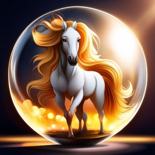 A dazzling white horse with a golden mane and tail stands proudly ...