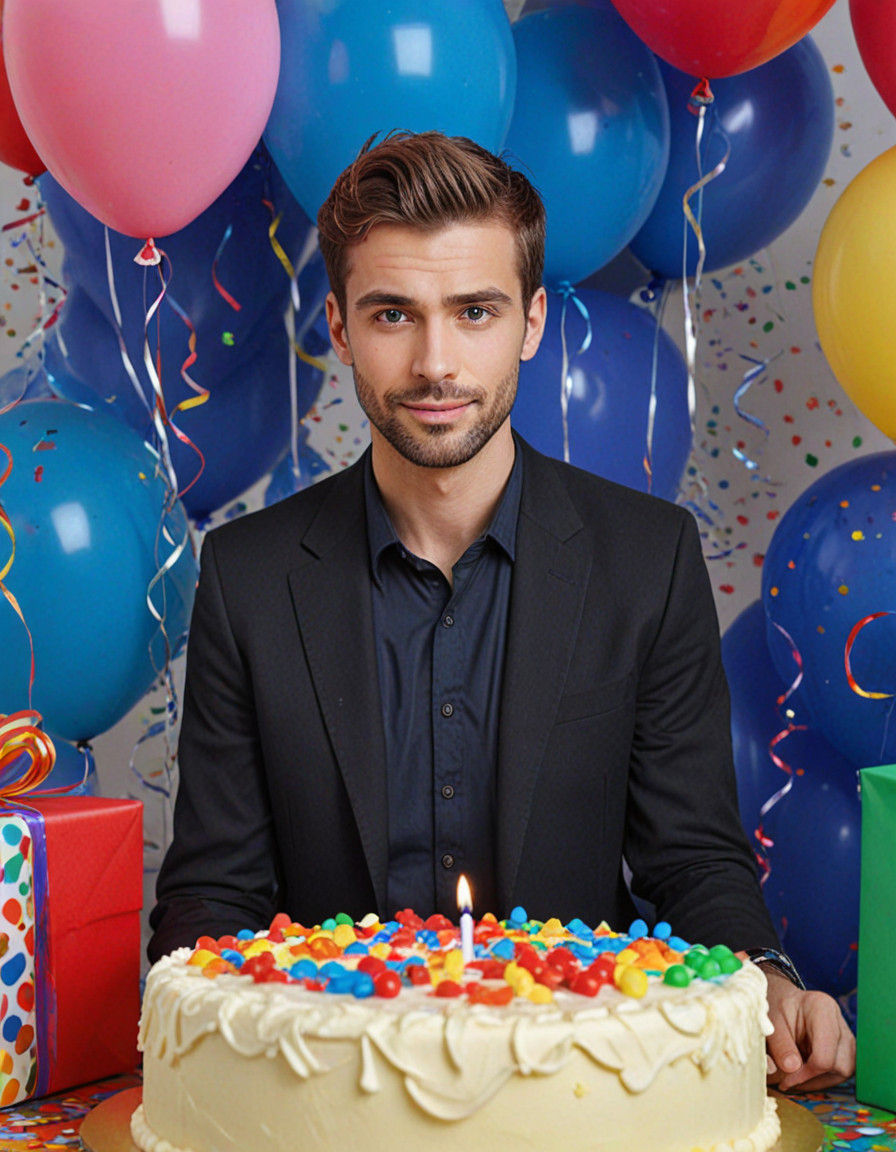 A fancy birthday picture of a handsome man with balloons, streamers ...