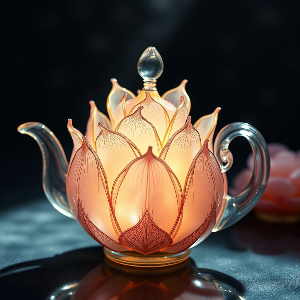 Glass Lotus Teapot Radiates Iridescent Pearlescenc... - AI Art